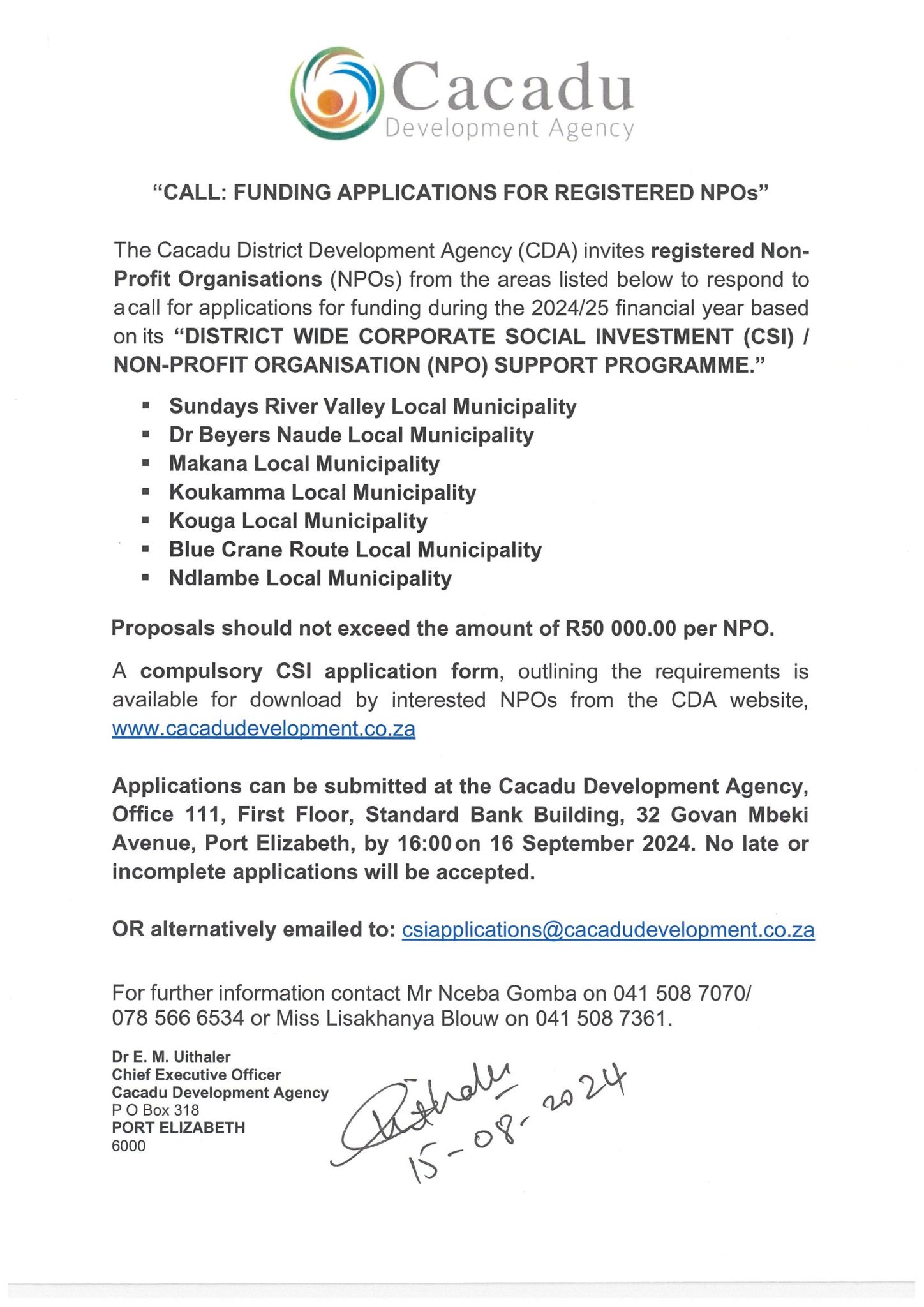 FUNDING FOR REGISTERED NPOs – Kou-Kamma Local Municipality